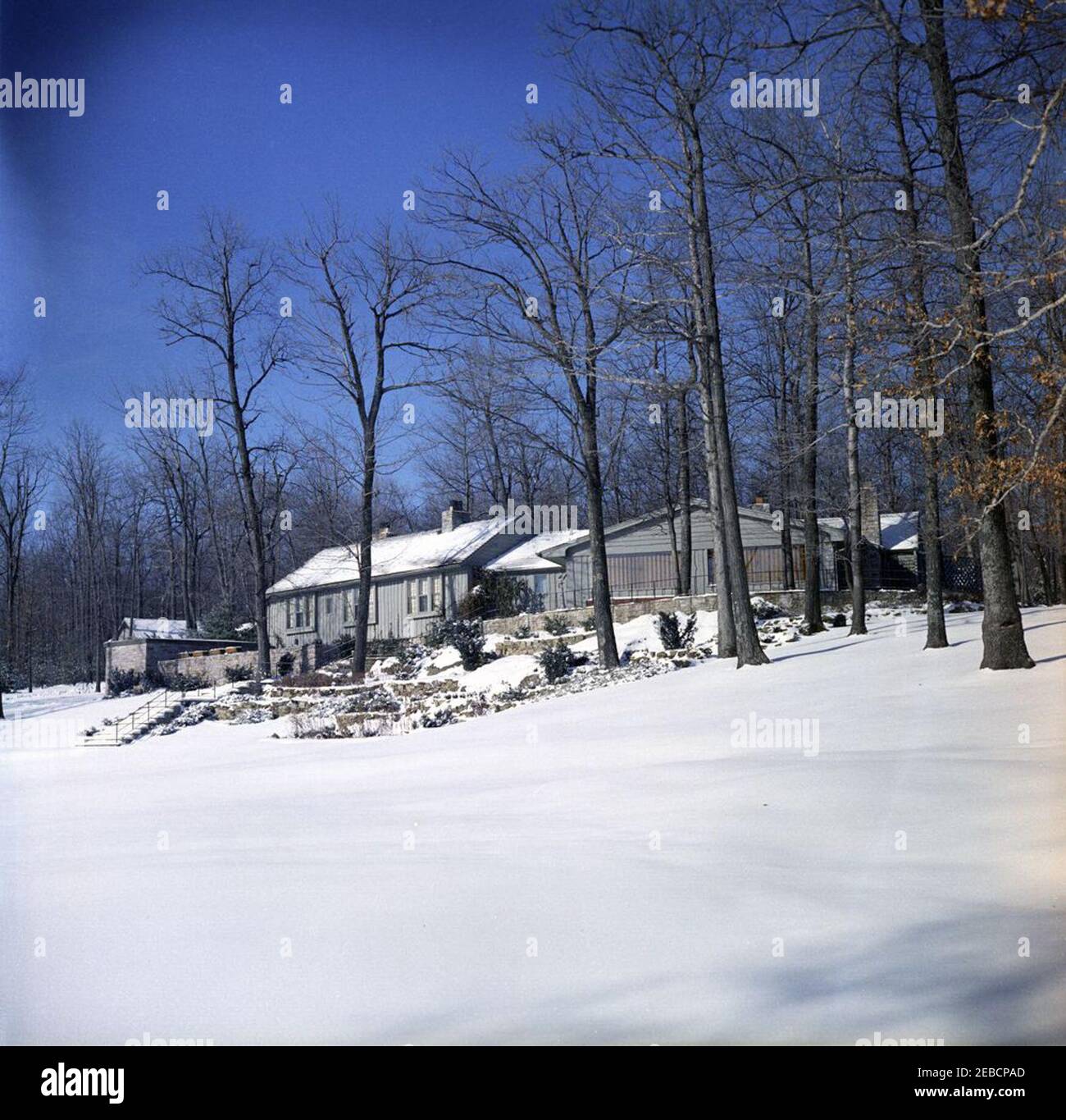 Camp David in the snow, views. View of Aspen Lodge, the Presidential ...