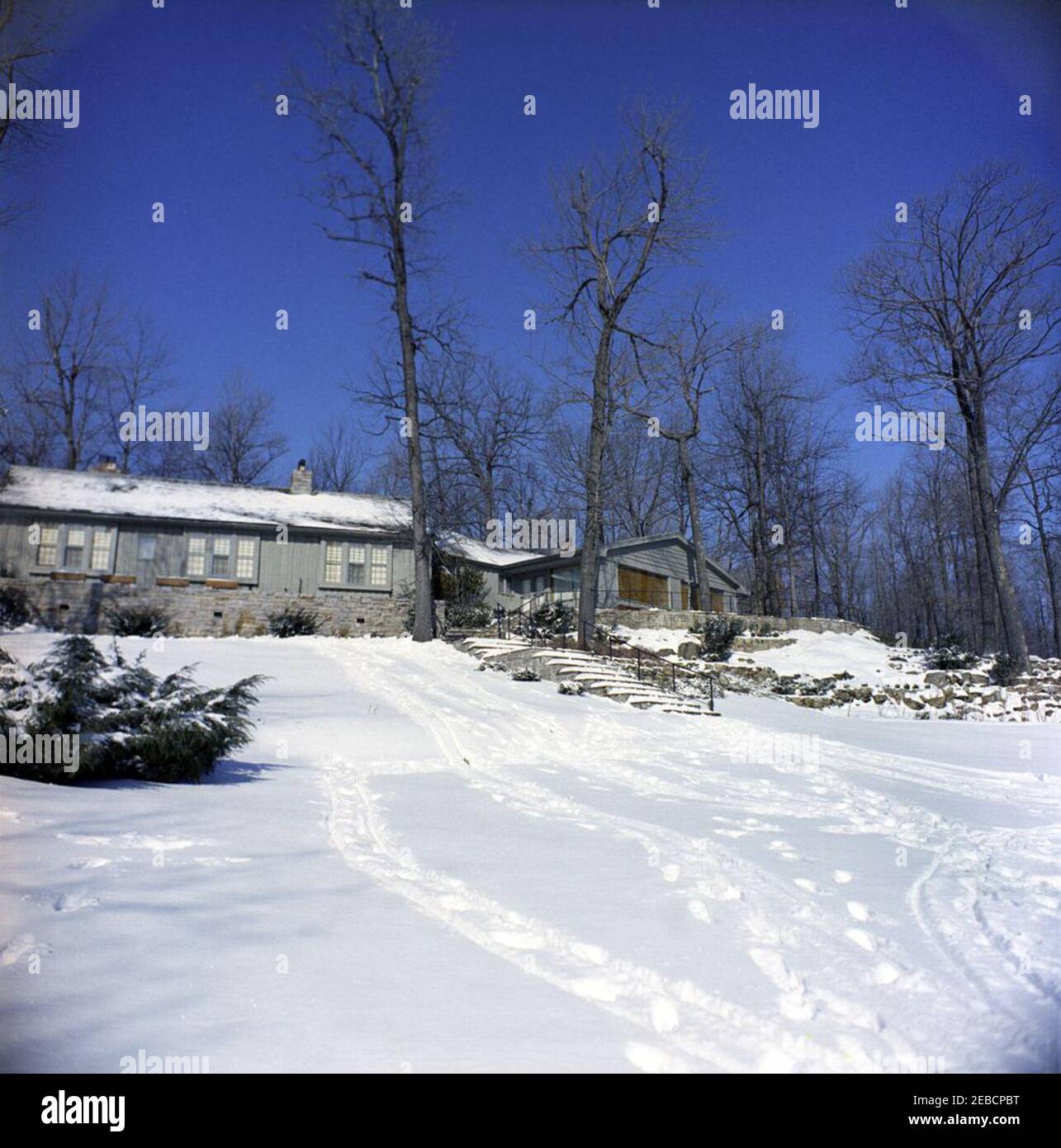 Camp David in the snow, views. View of Aspen Lodge, the Presidential ...