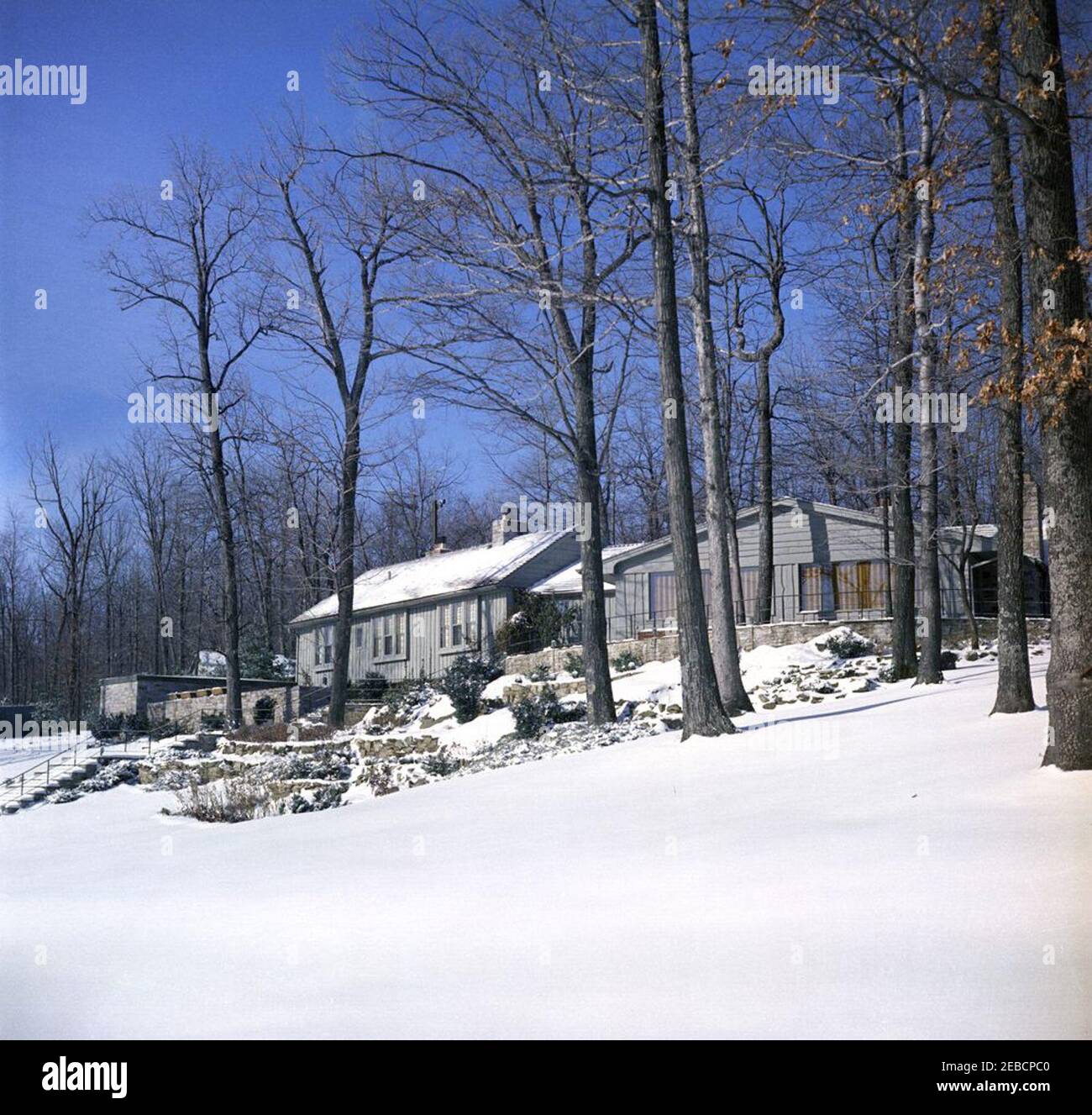 Camp David in the snow, views. View of Aspen Lodge, the Presidential ...