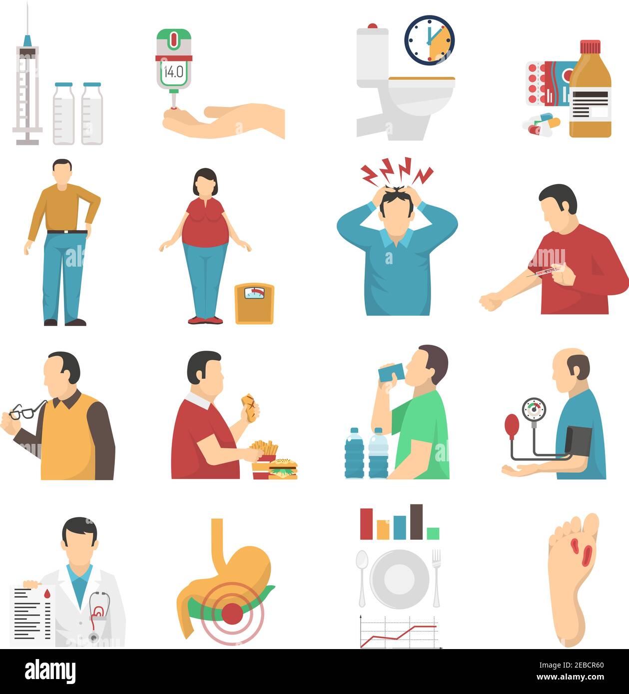 Diabetes symptoms icons set of people with weight disorders headaches ...