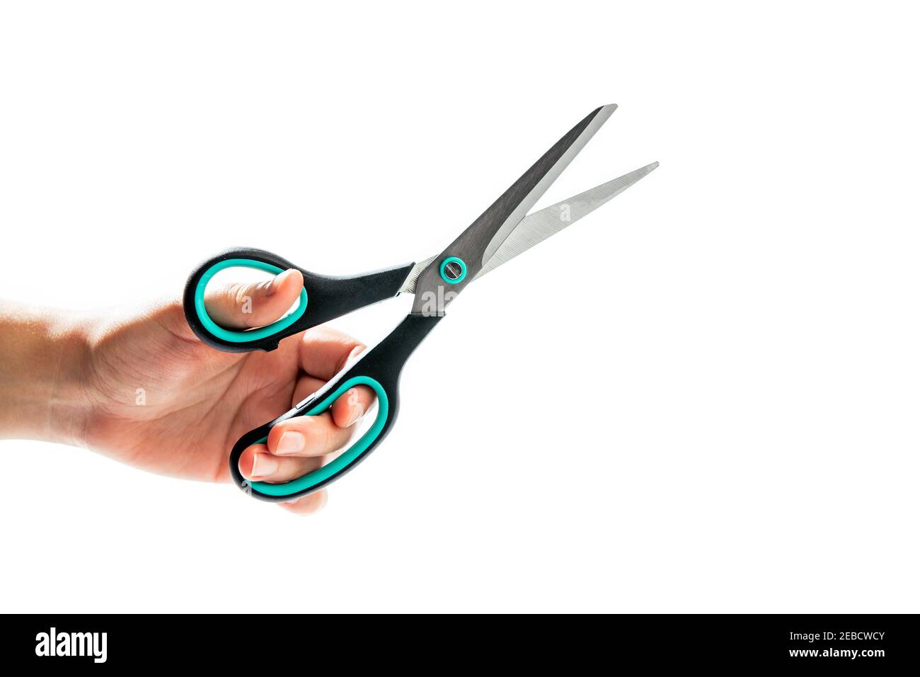 Woman hand with scissors isolated on the white background, banner Stock ...