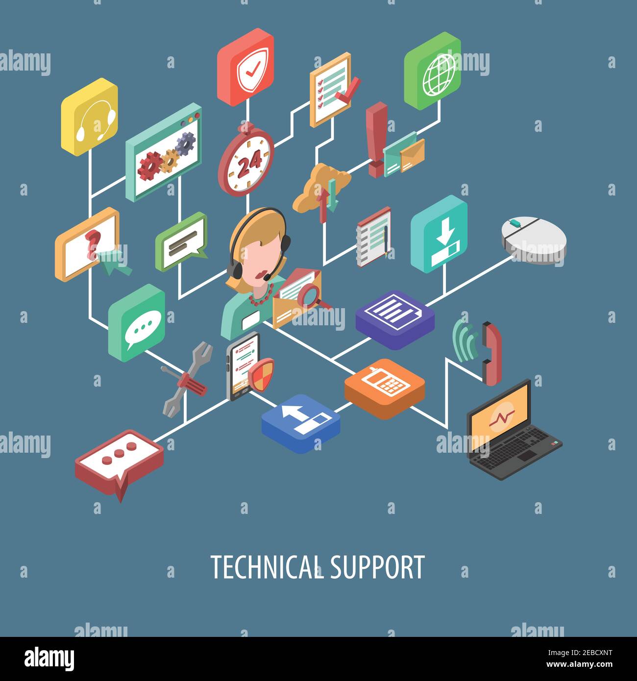 Support isometric flowchart concept with 3d service person and ...