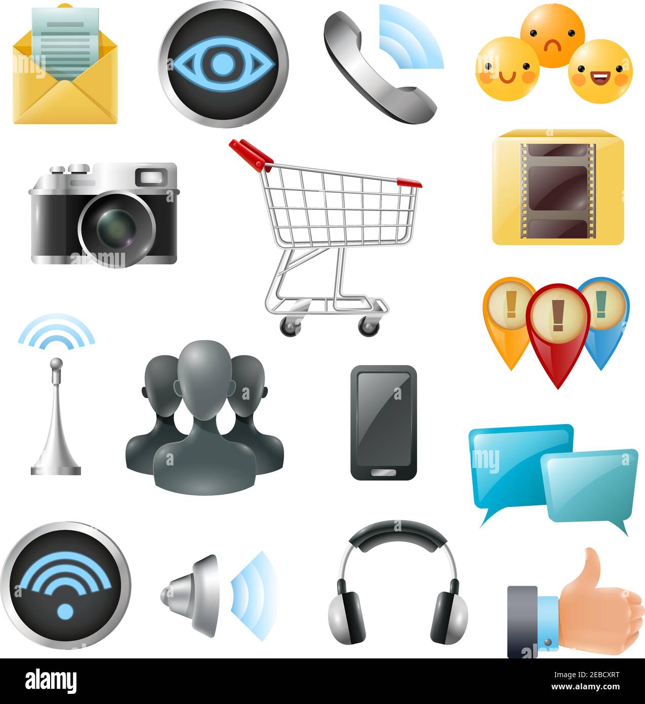 Social media symbols accessories equipment gleaming icons collection ...