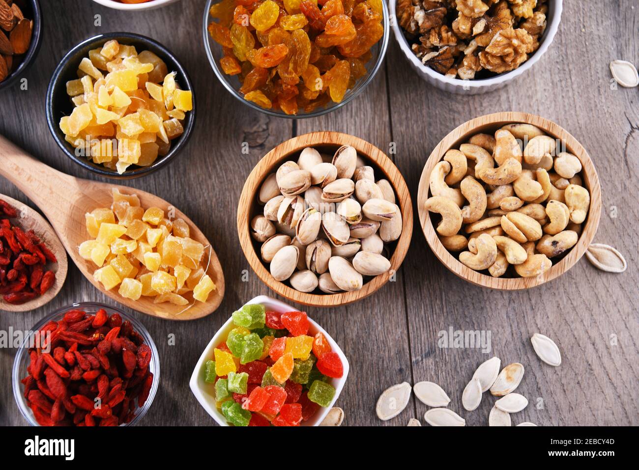 Composition with dried fruits and assorted nuts. Delicacies Stock Photo ...