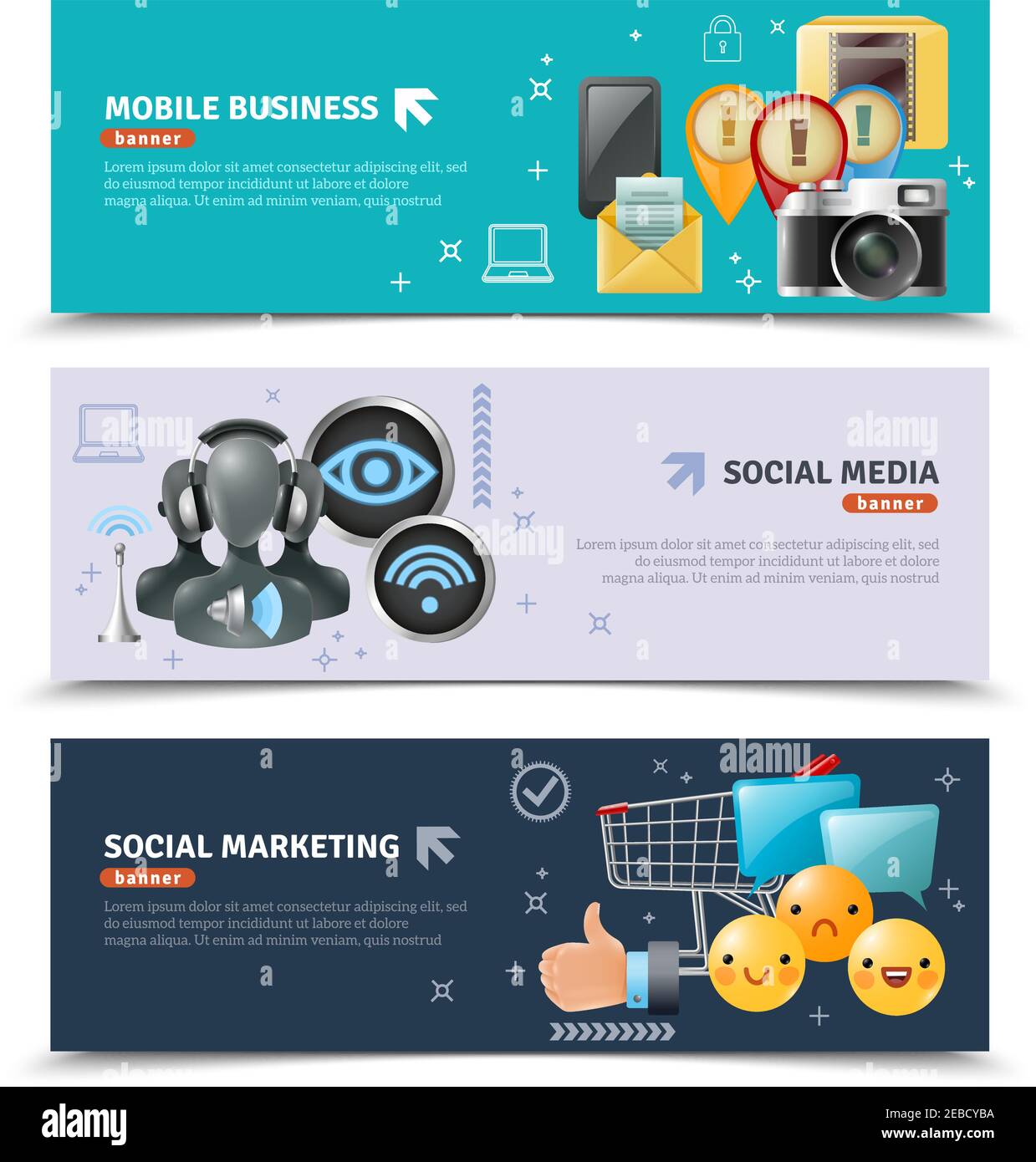 Social media horizontal banners with modern devices and elements used ...