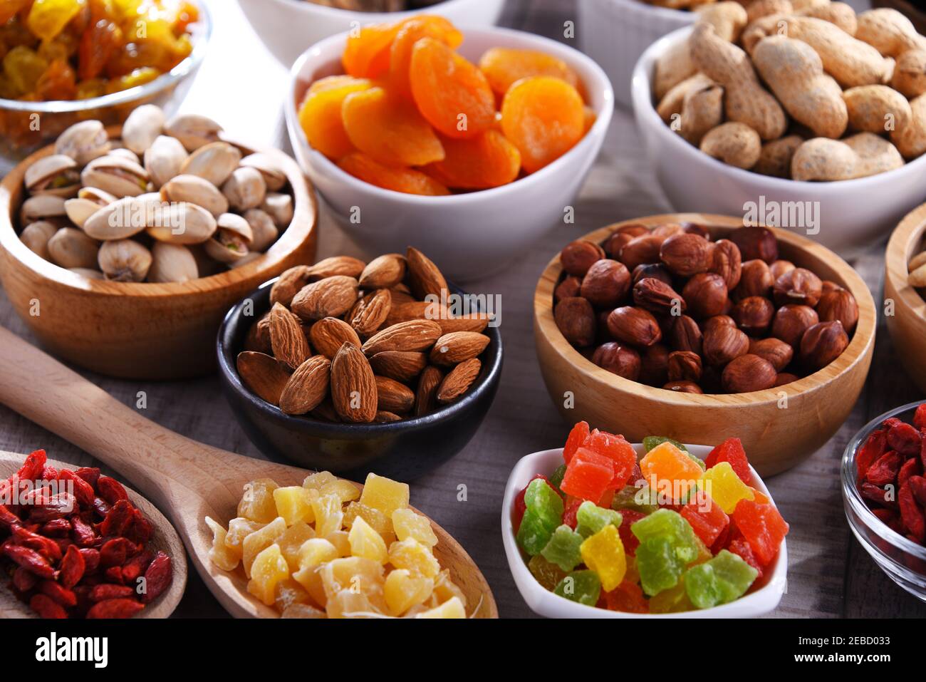 Composition with dried fruits and assorted nuts. Delicacies Stock Photo ...