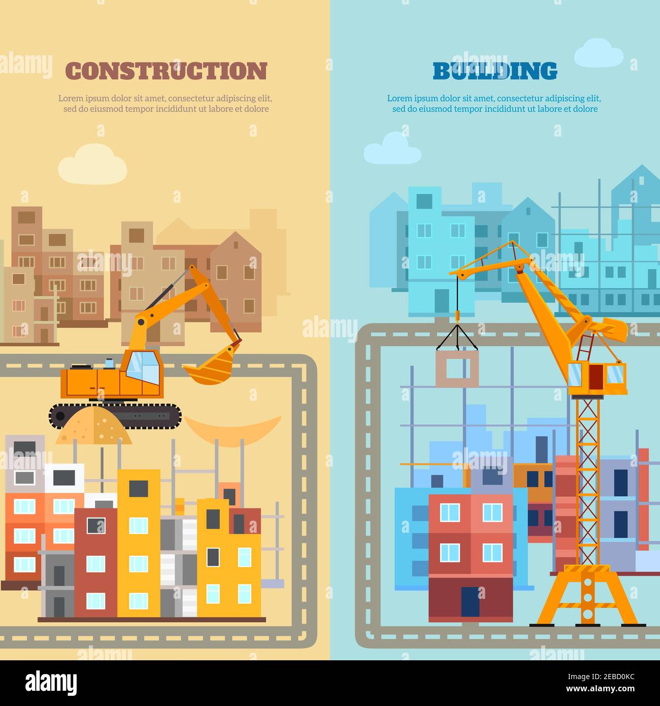 Construction and building vertical banner set with flat houses and ...