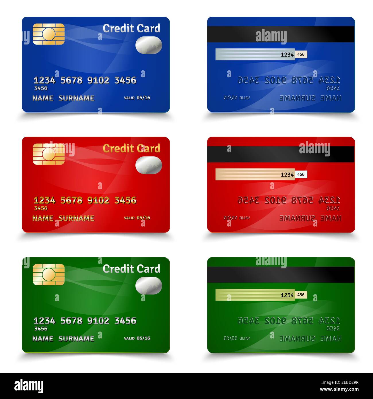 Plastic bank credit card set in red blue and green design realistic ...