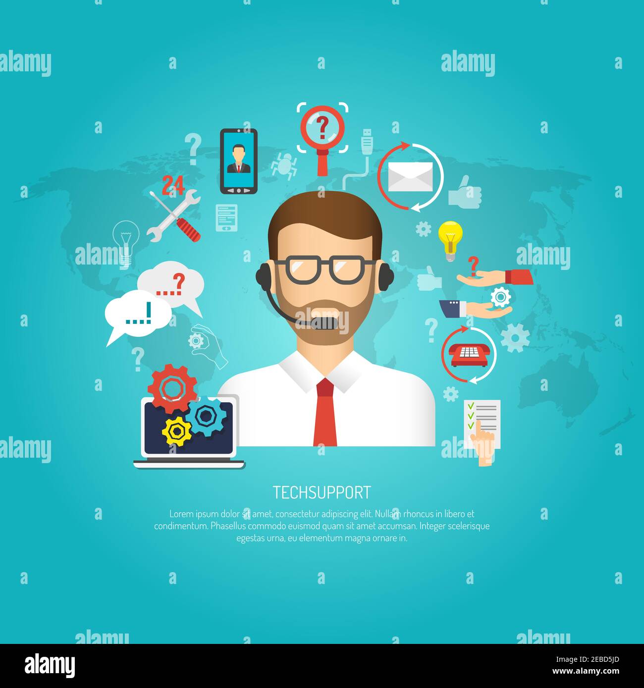 Tech support concept with male operator and customer service symbols ...