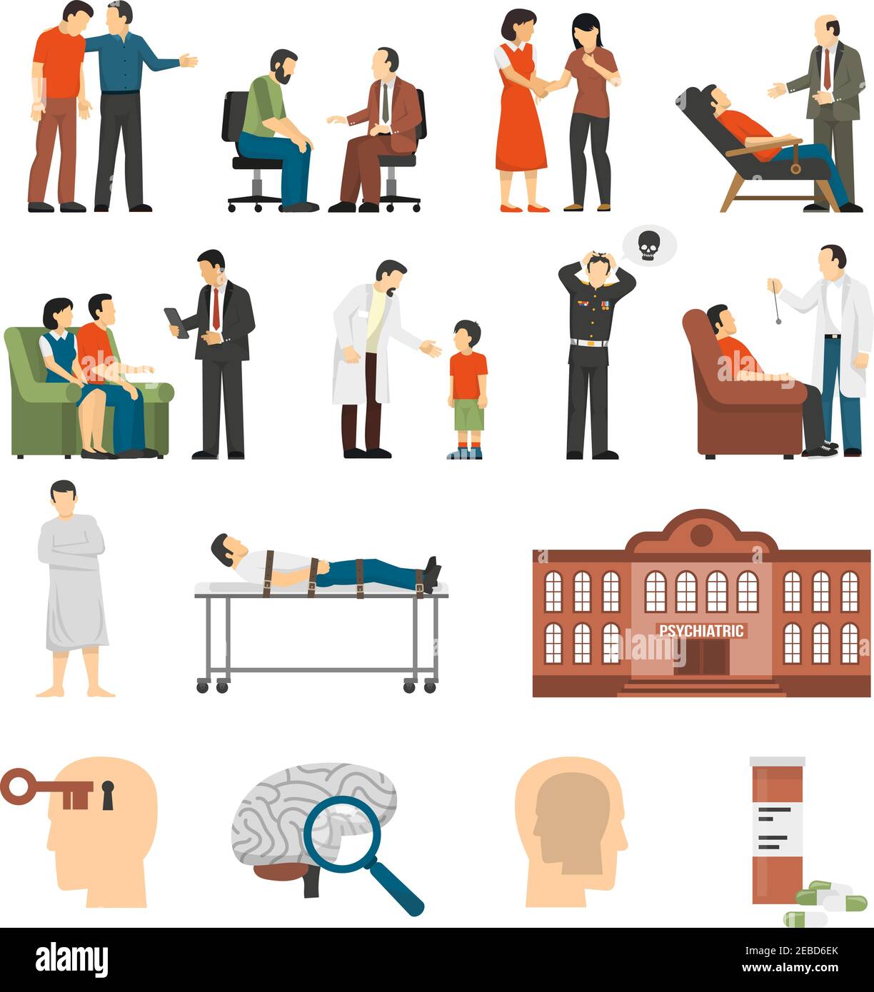 Flat color icons set depicting psychologist counselings for people ...