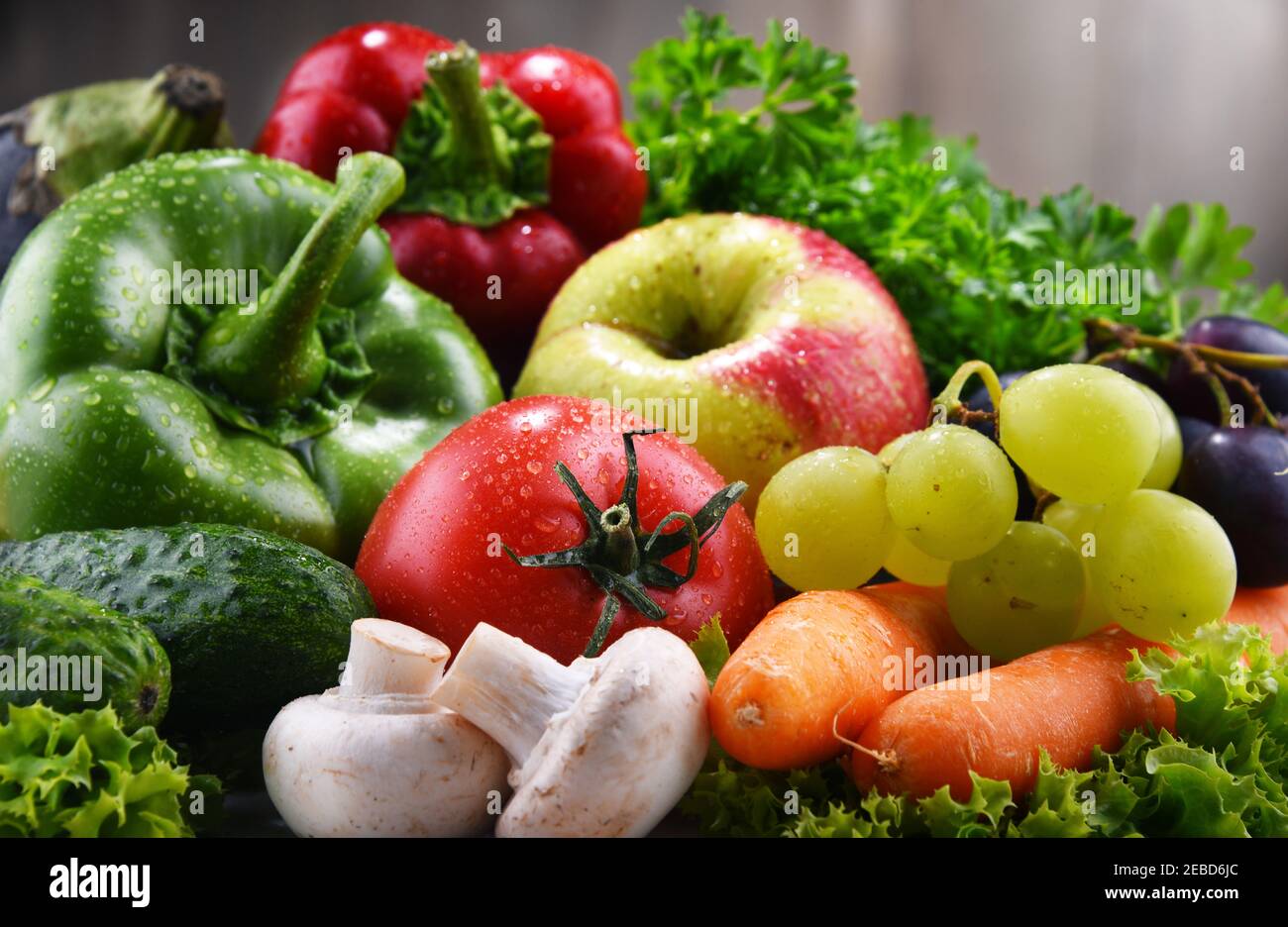 Composition with fresh organic vegetables and fruits Stock Photo - Alamy