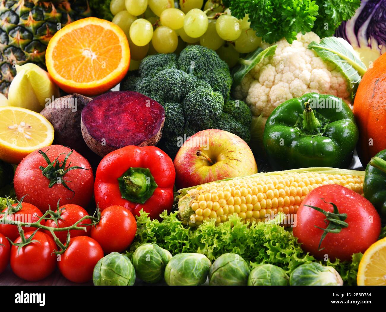 Composition with variety of fresh vegetables and fruits Stock Photo - Alamy