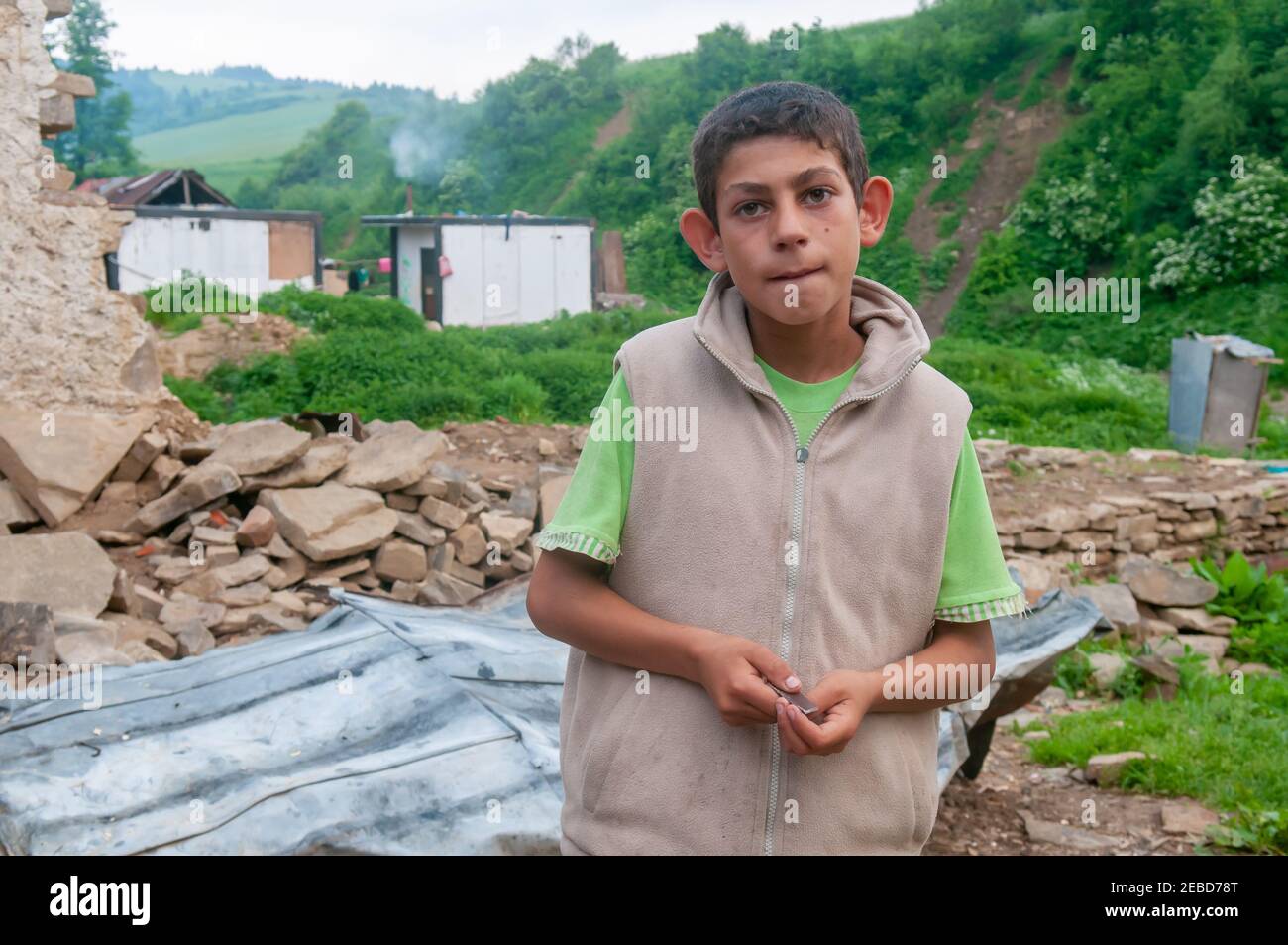 05-16-2018. Lomnicka, Slovakia. Roma or Gypsy child living in an ...