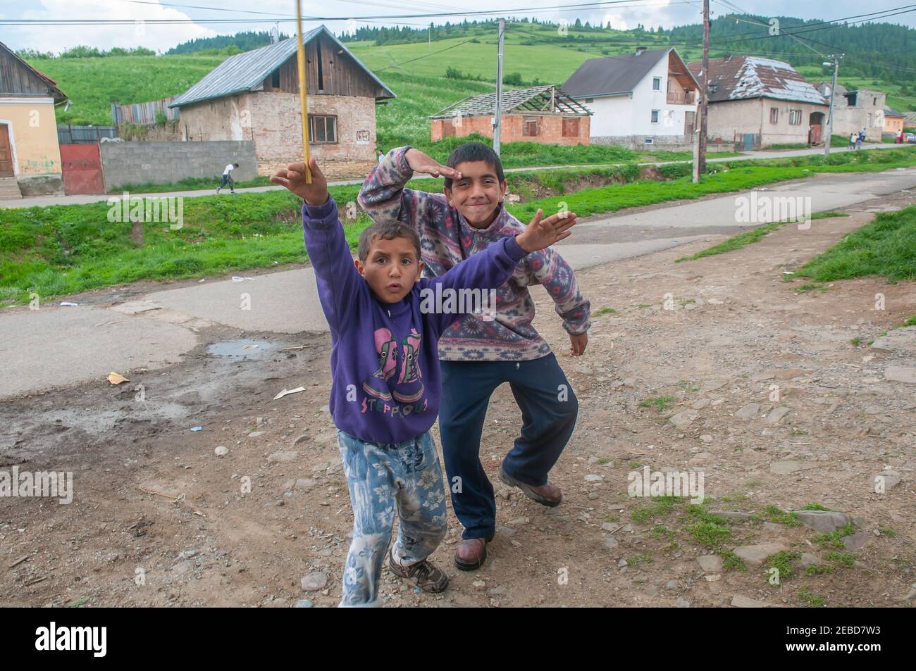 05-16-2018. Lomnicka, Slovakia. A Roma or Gypsy children playing in an ...