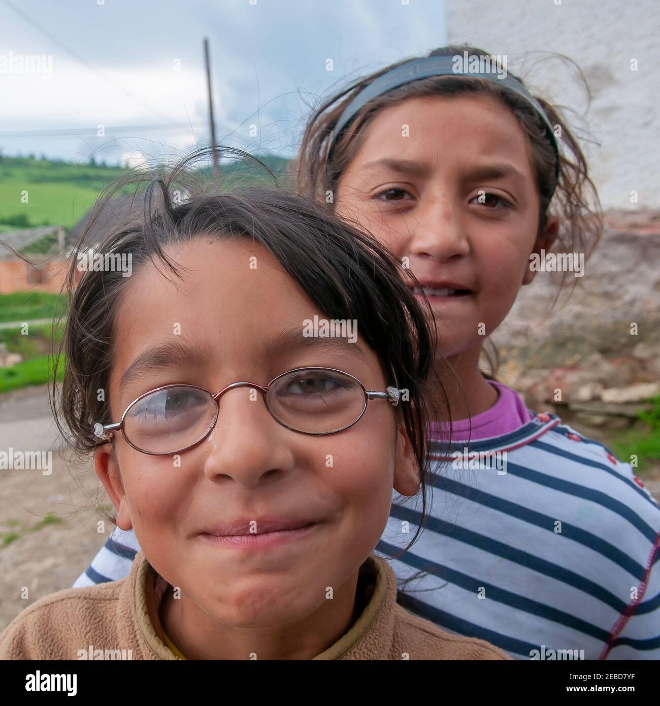 05-16-2018. Lomnicka, Slovakia. A close-up of Roma or Gypsy girls in an ...