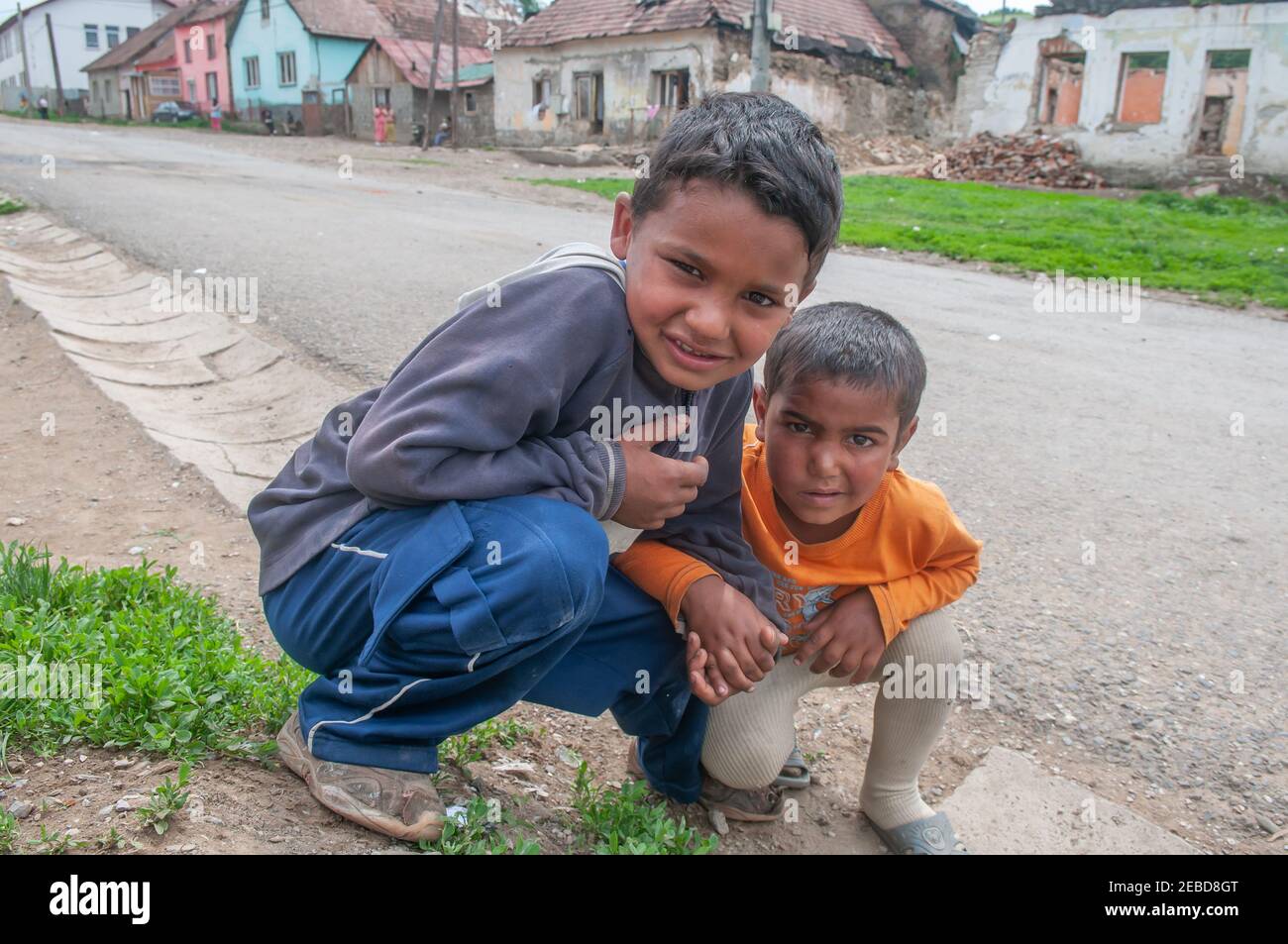 5-16-2018. Lomnicka, Slovakia. A close-up of two Roma or Gypsy boys in ...