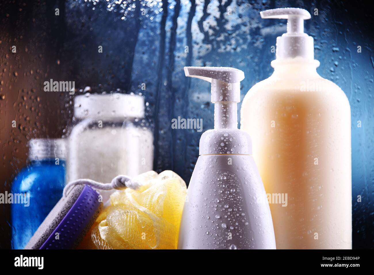 Different containers of body care products in the bathroom Stock Photo ...