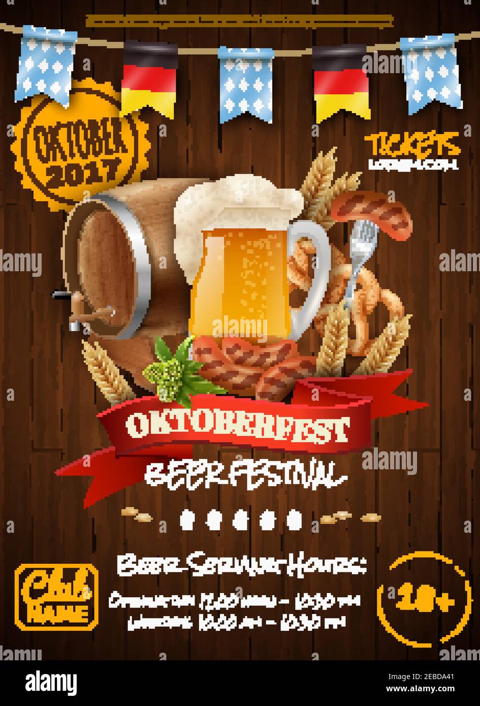 Festive oktoberfest poster with beer barrel sausages wheat mug and ...