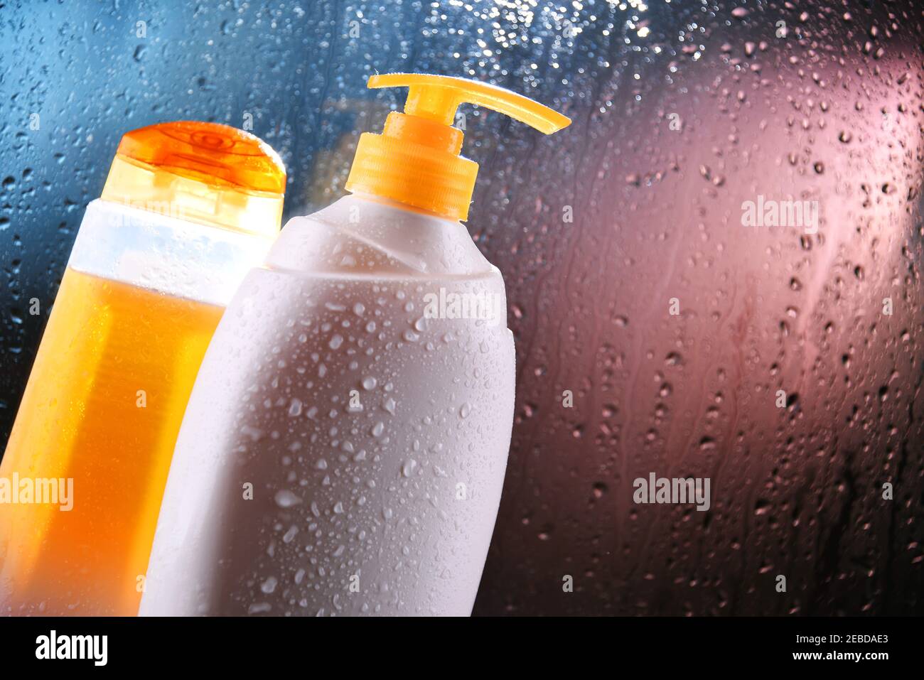 Different containers of body care products in the bathroom Stock Photo ...