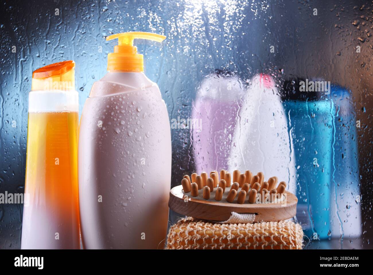 Different containers of body care products in the bathroom Stock Photo ...