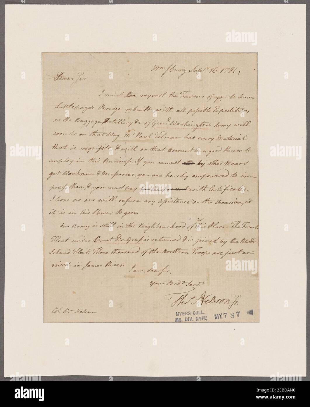 Nelson, Thomas, Jr. Williamsburgh, Virginia. To Col. William Nelson ...