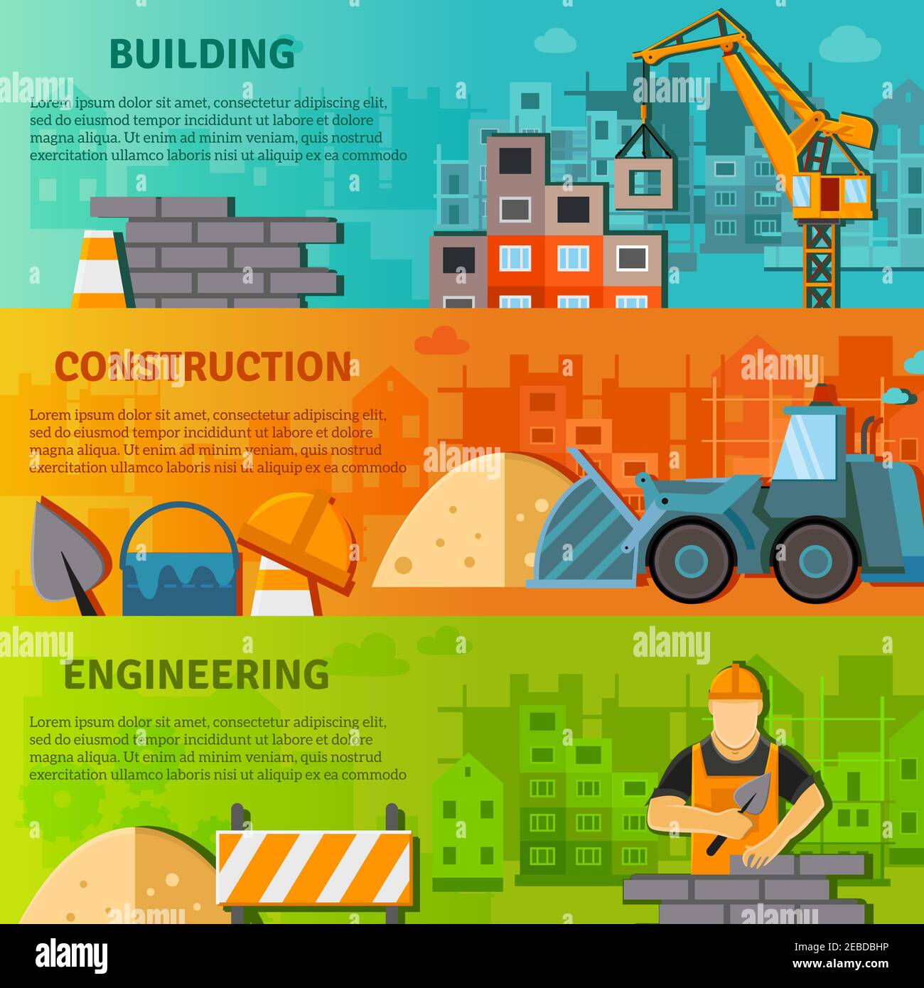 Construction horizontal banner set with building and engineering flat ...