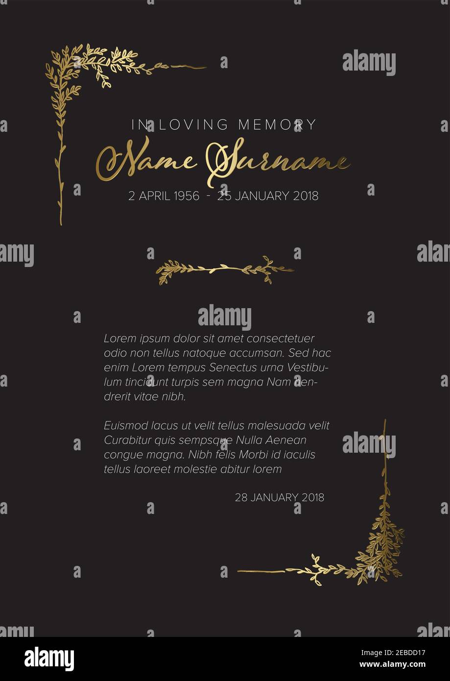 Funeral condolence death notice card template with handdrawn golden ...