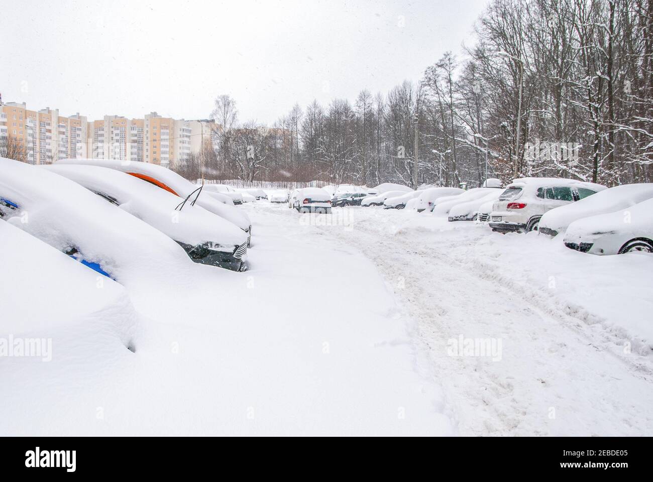 Snow-covered street road and cars under the snow. Heavy snowstorm ...