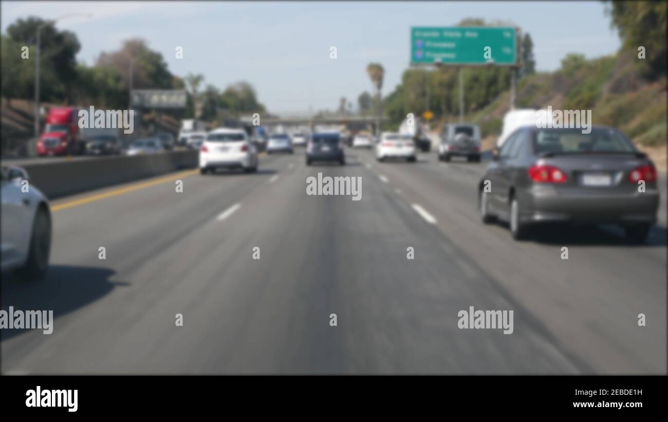 Driving on intercity freeway in Los Angeles, California USA. Defocused ...
