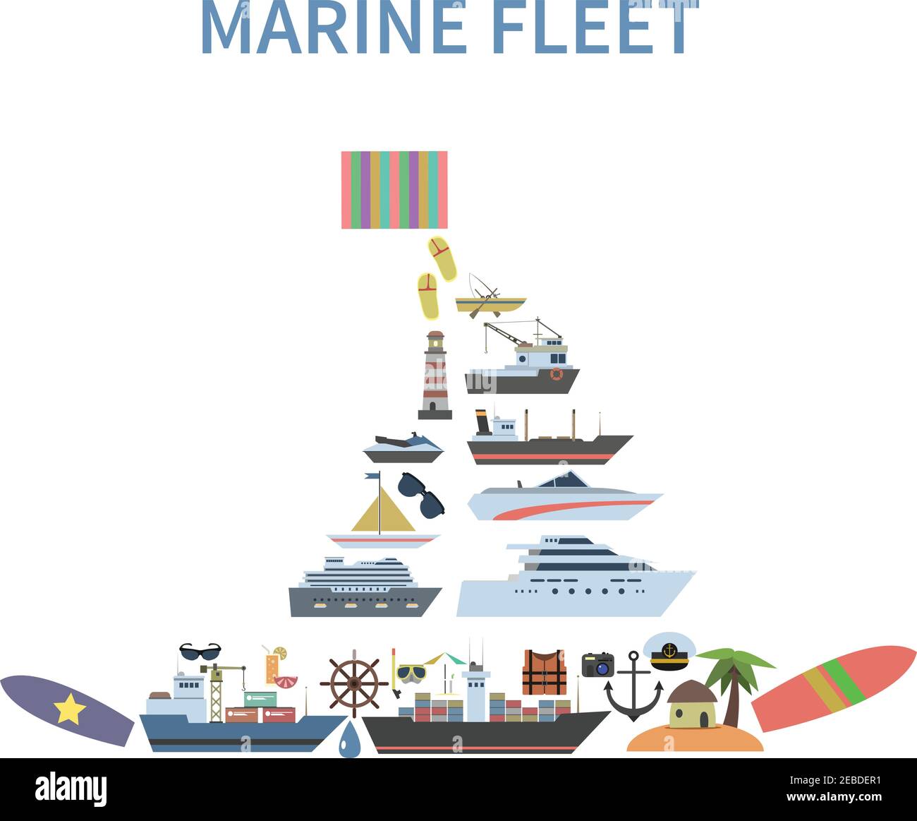 Ship concept with flat marine and sailing symbols in yacht shape vector ...