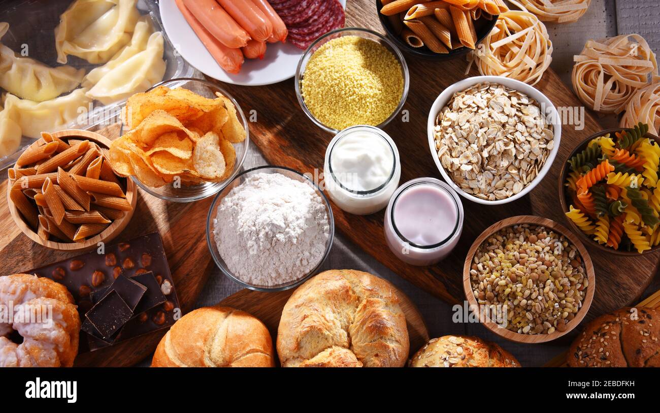 Composition with variety of food products containing gluten Stock Photo ...