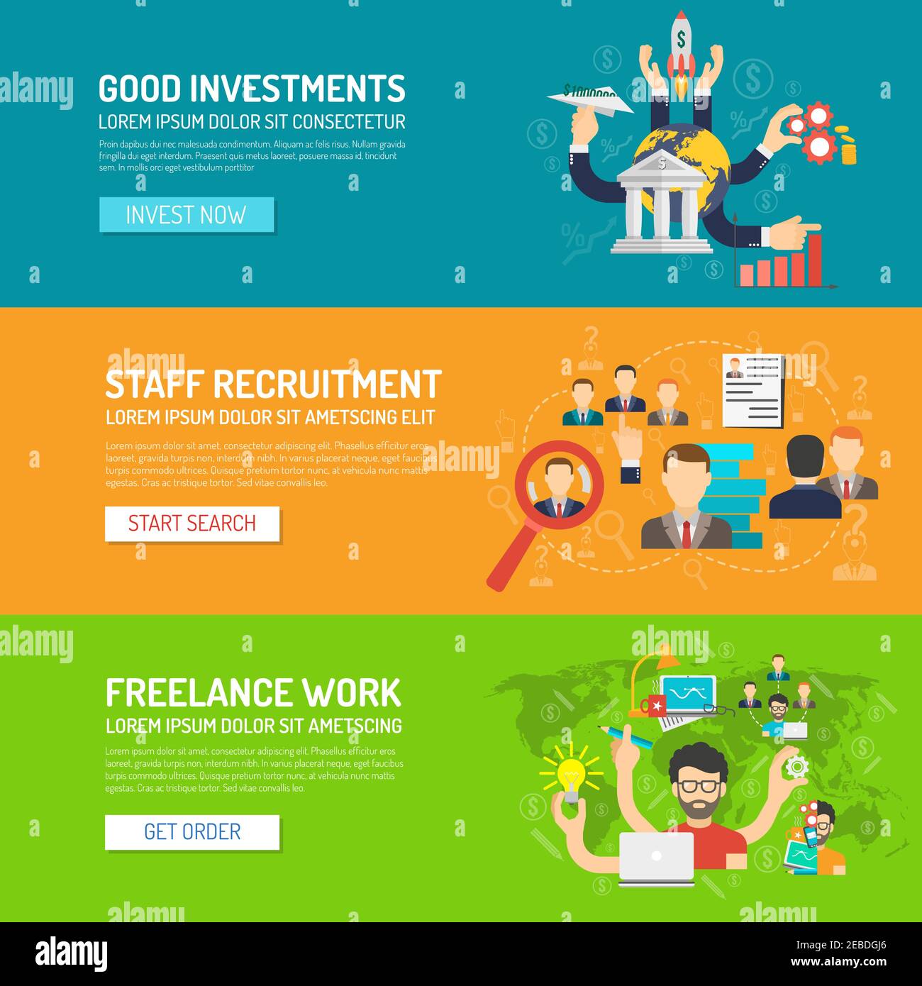 Business banner horizontal set with investments recruitment freelance ...