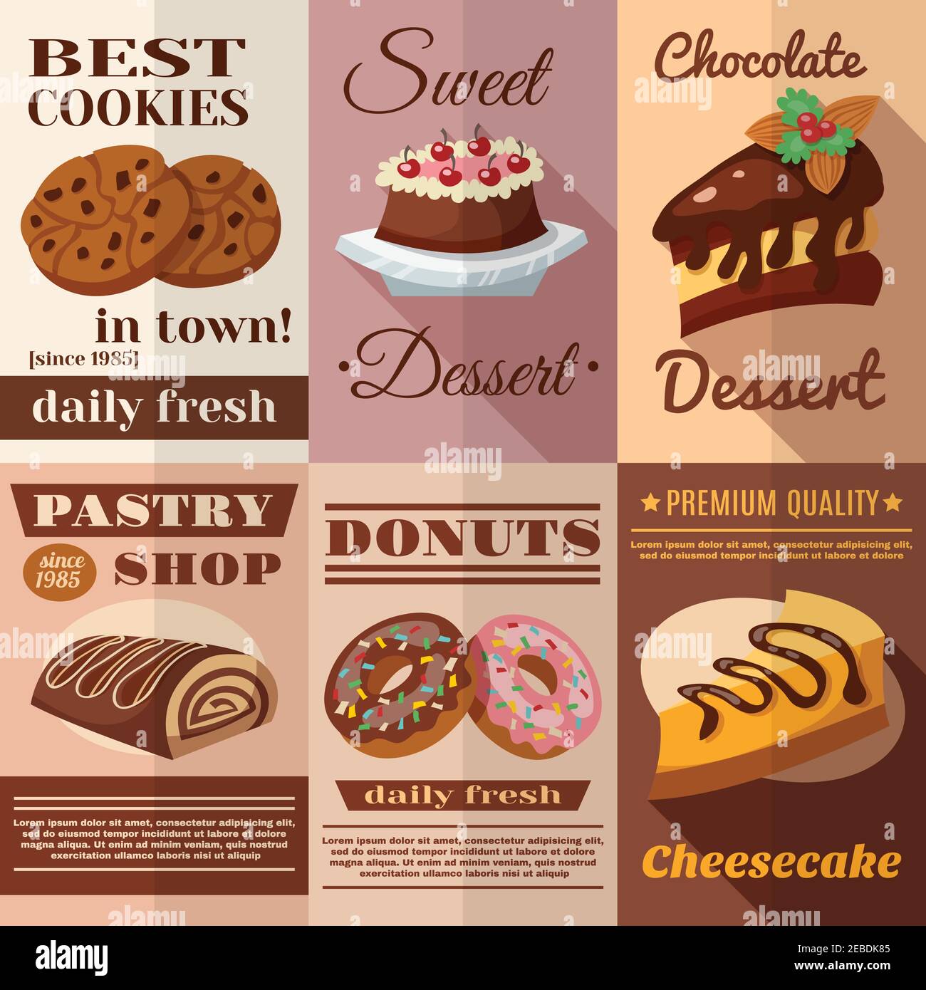 Pastry and bakery desserts mini poster set isolated vector illustration ...