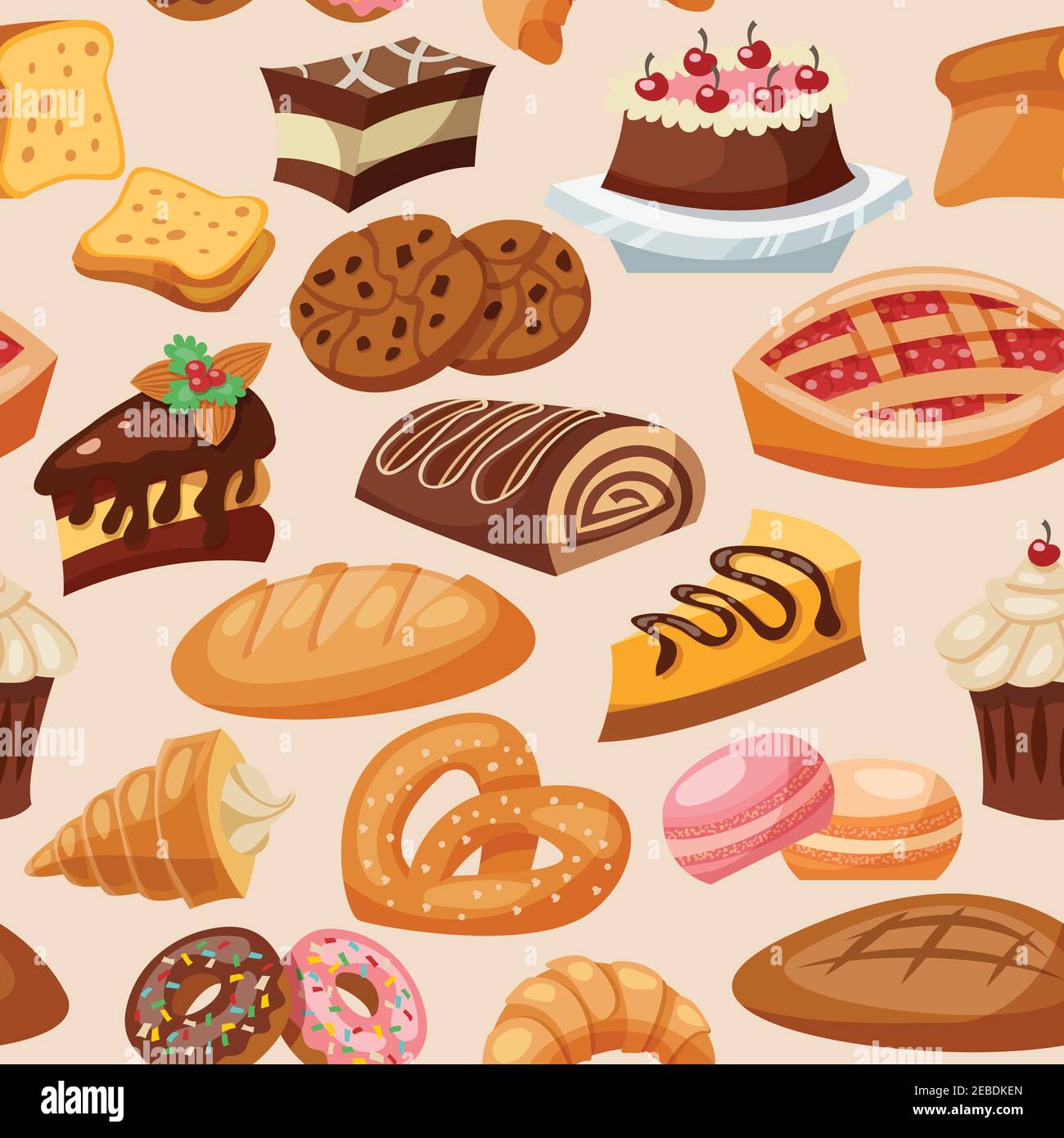 Pastry bakery and sweets chocolate snacks seamless pattern vector ...