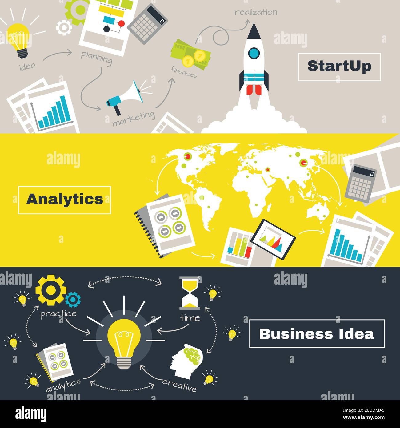 Business project concept with idea analytics and startup horizontal ...