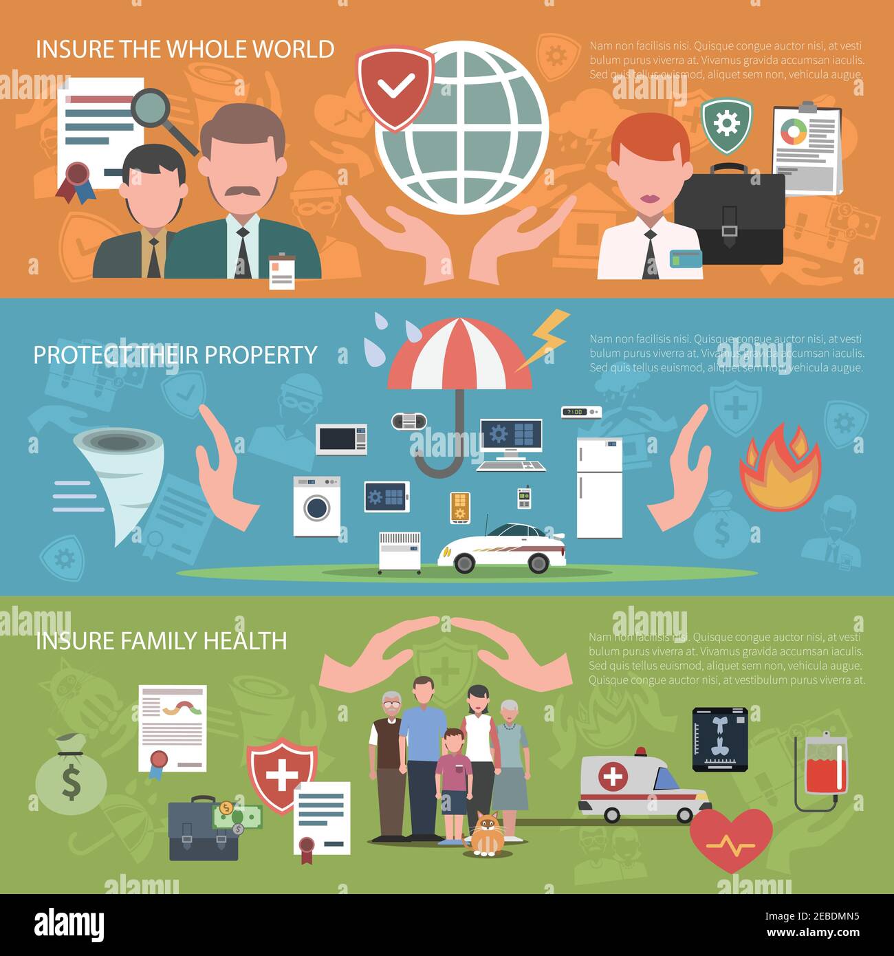 Insurance horizontal banner set with property and family health ...