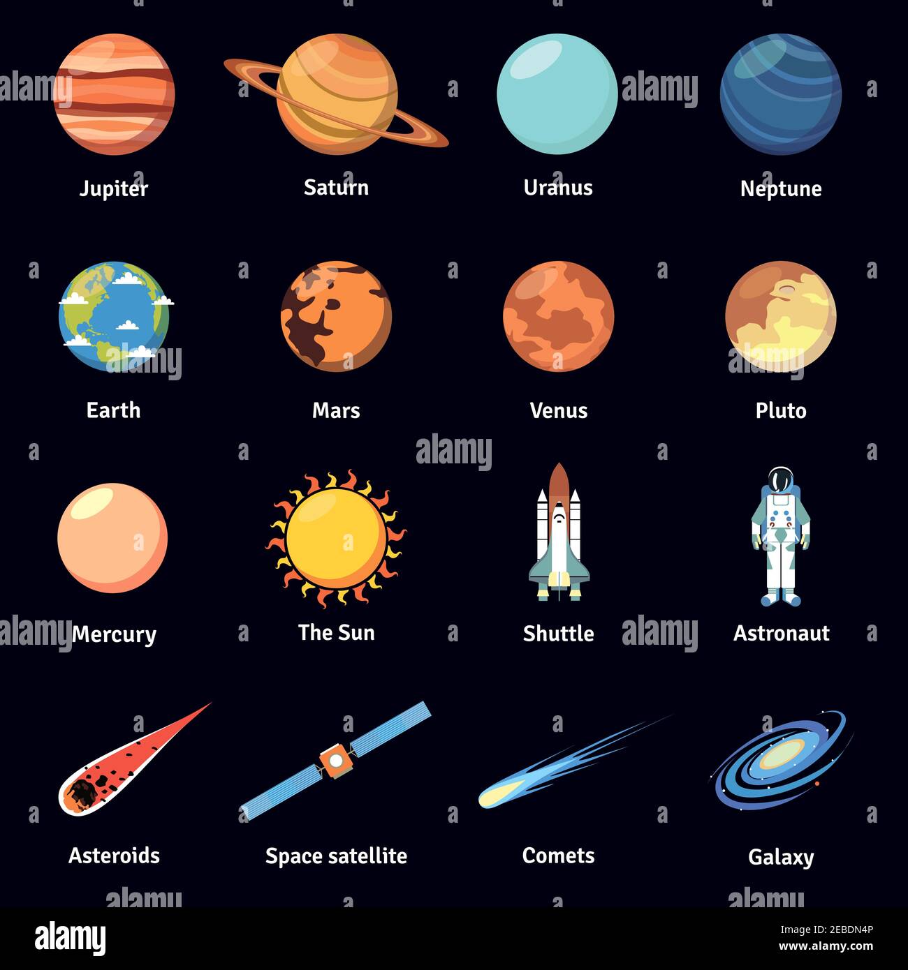 Multicolored cosmos icon flat set on the black background isolated ...