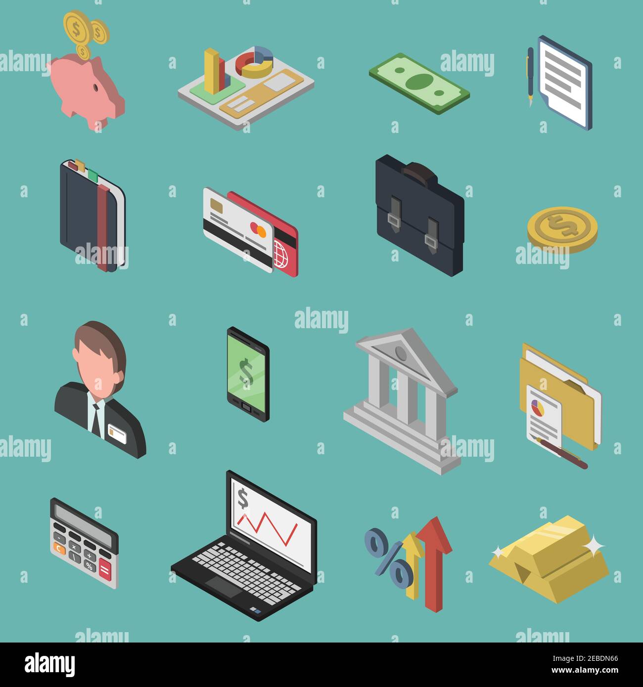 Bank isometric icon set with 3d briefcase money exchange businessman ...