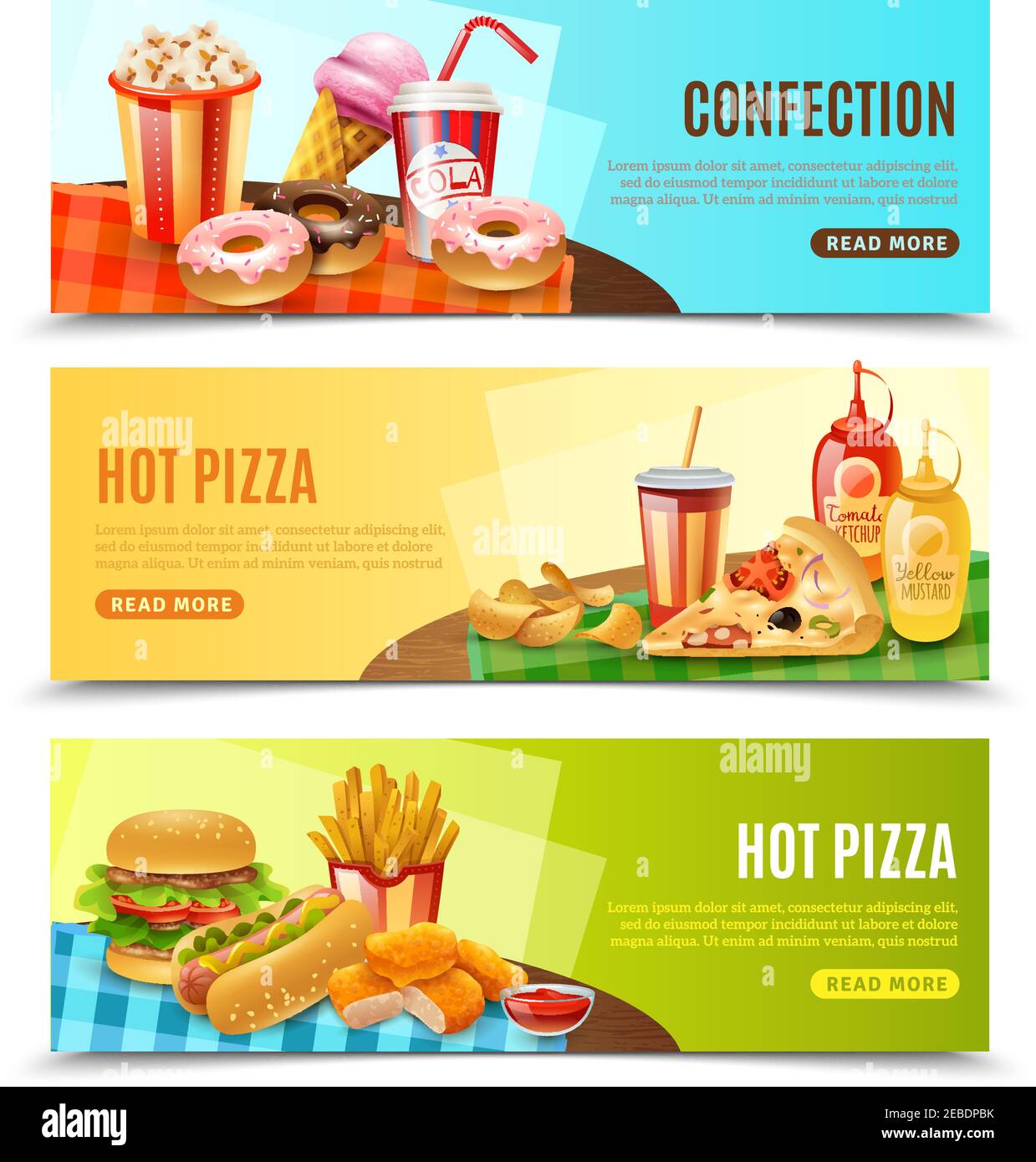 Hot pizza restaurant online order 3 flat horizontal banners with fast ...