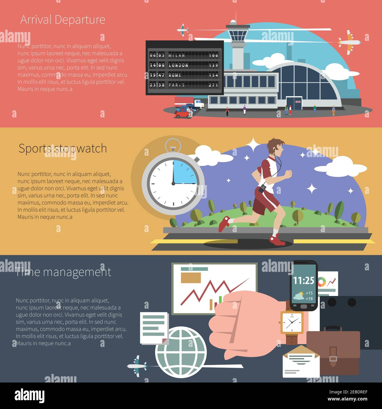 Time banner horizontal set with sports travel and business time ...