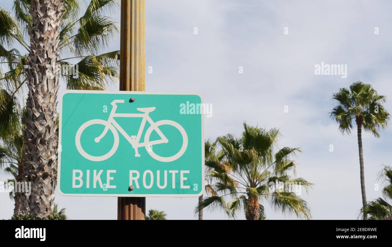 Bike Route green road sign in California, USA. Bicycle lane singpost ...
