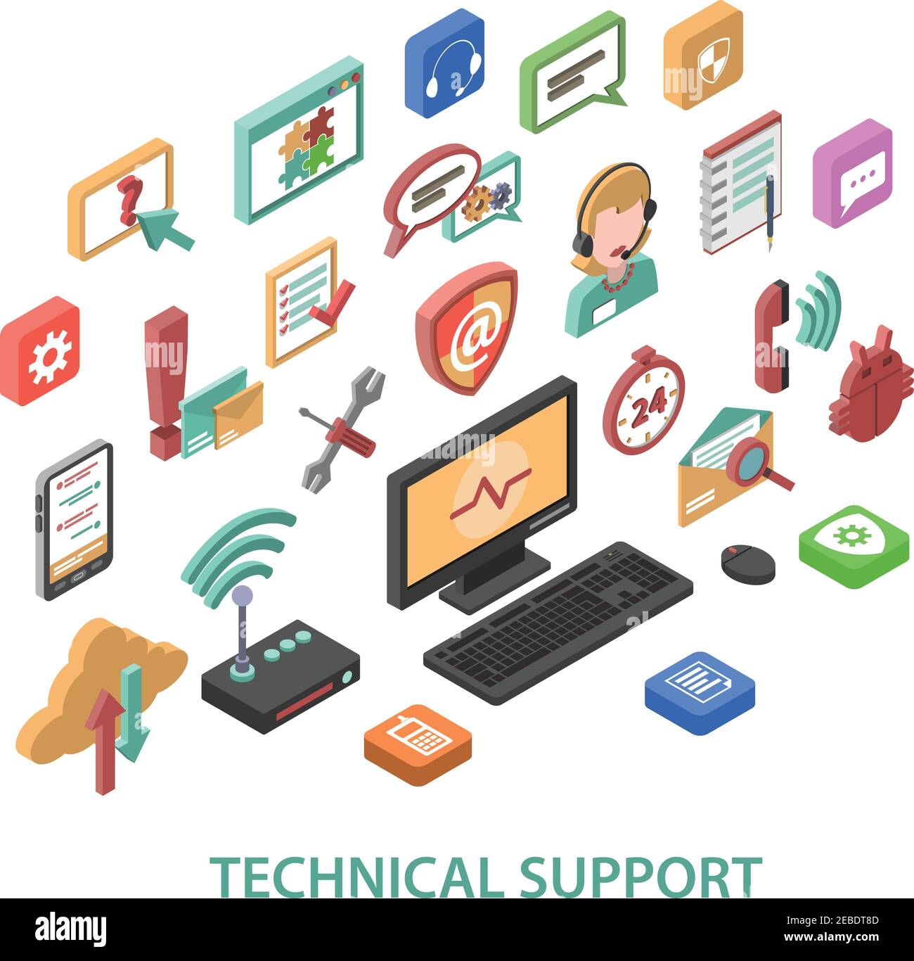 Technical support concept with 3d communication symbols set isolated ...