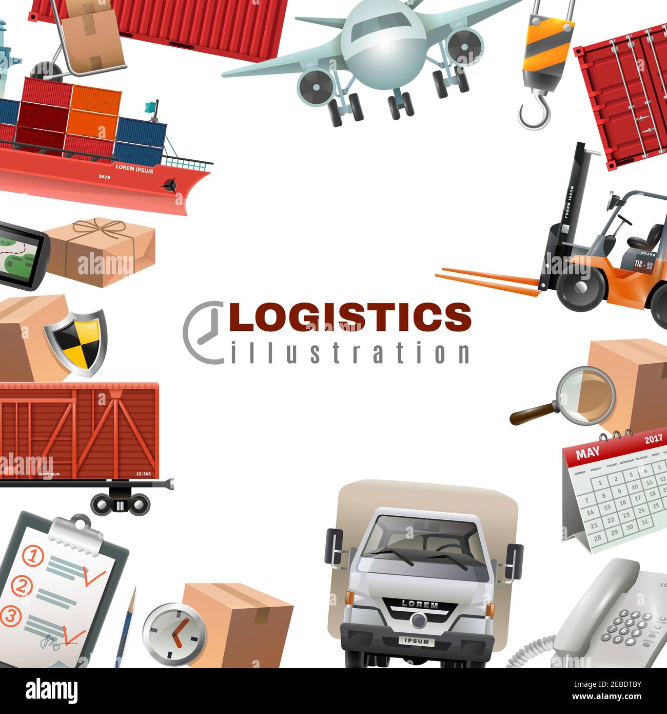 Logistics colorful template with truck airplane ship crane phone boxes ...