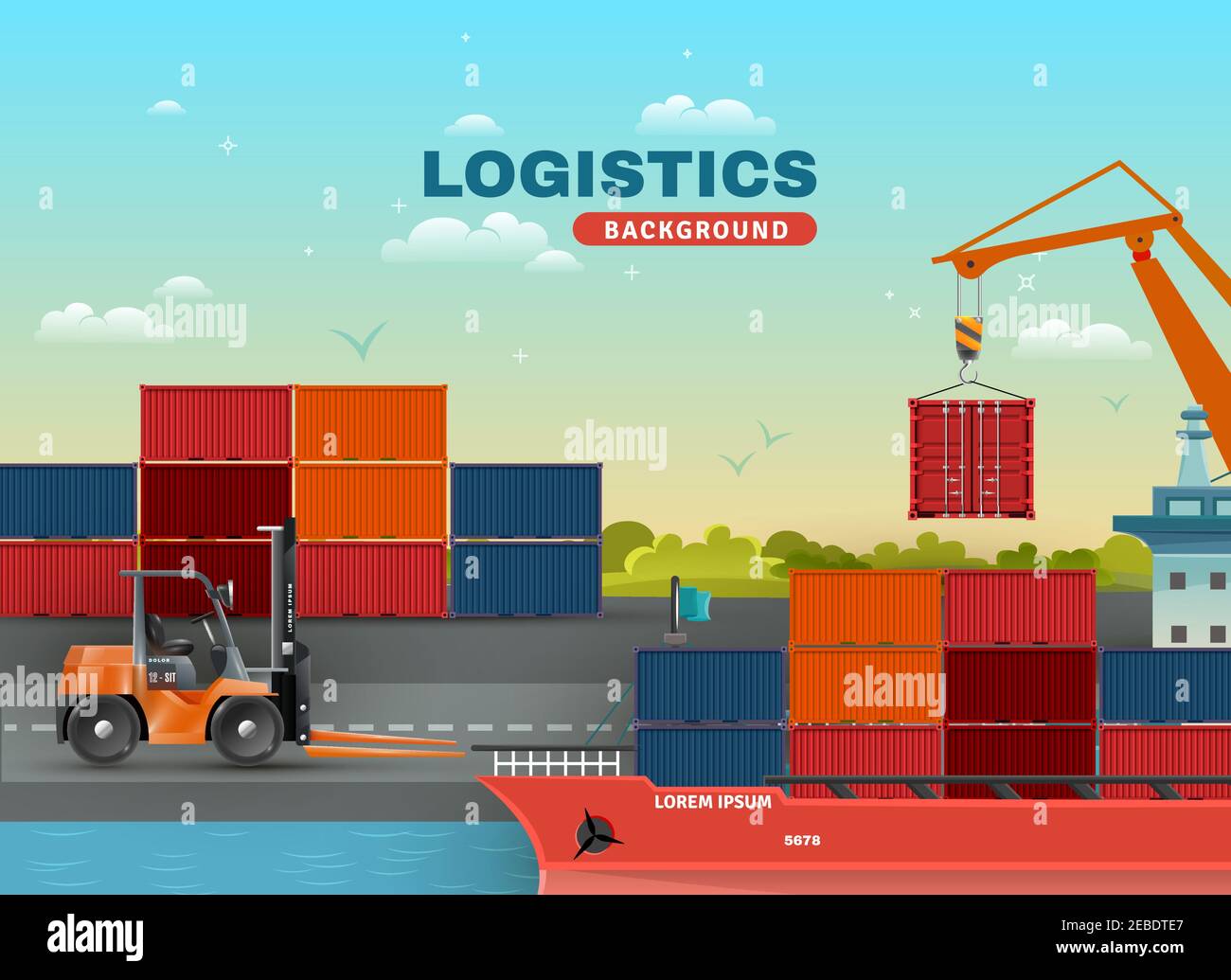 Logistic sea freight background with loading ship containers crane and ...