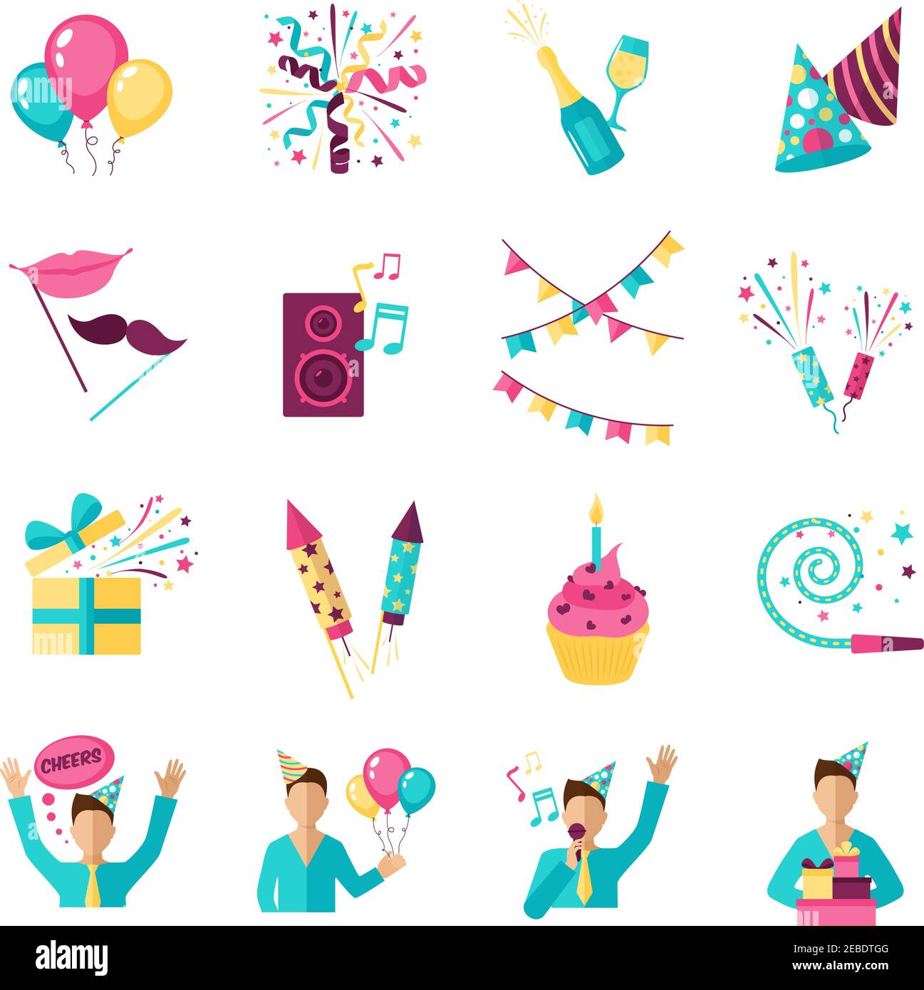 Party icons set with champagne gifts fireworks balloons isolated vector ...