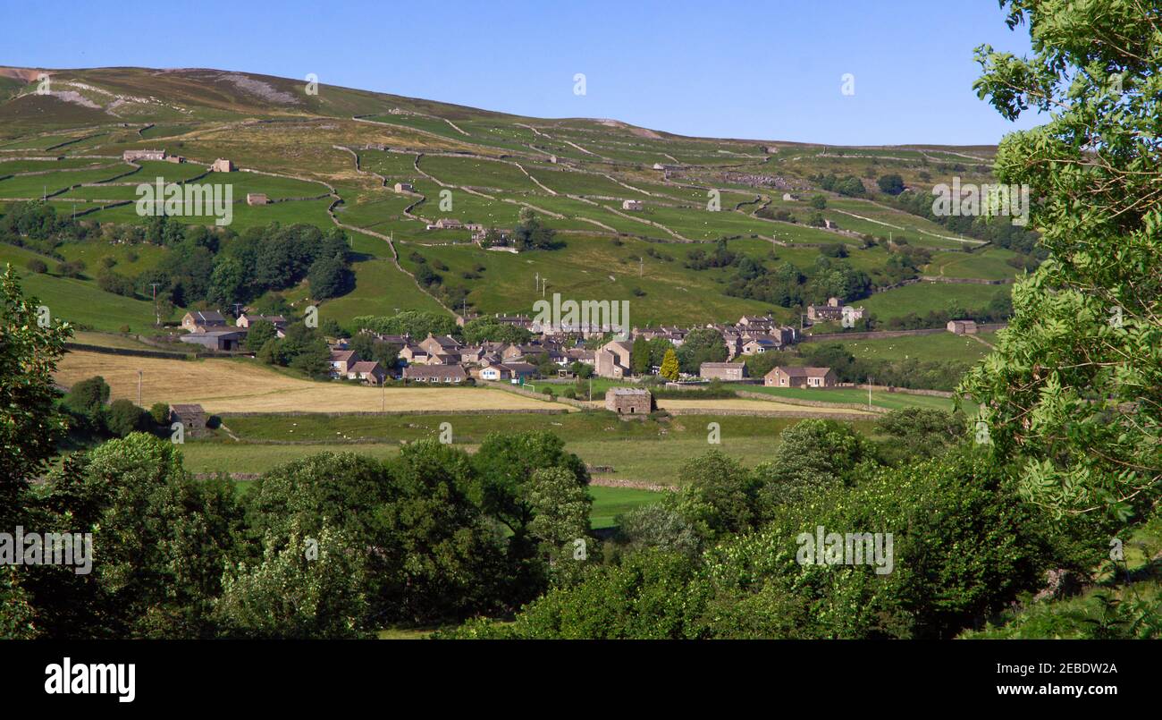 Panoramic view of the village of Gunnerside, Swaledale, Yorkshire Dales ...