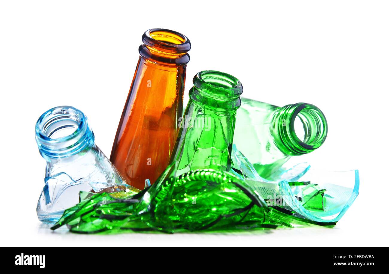 Broken glass bottles over white background. Recycling Stock Photo - Alamy