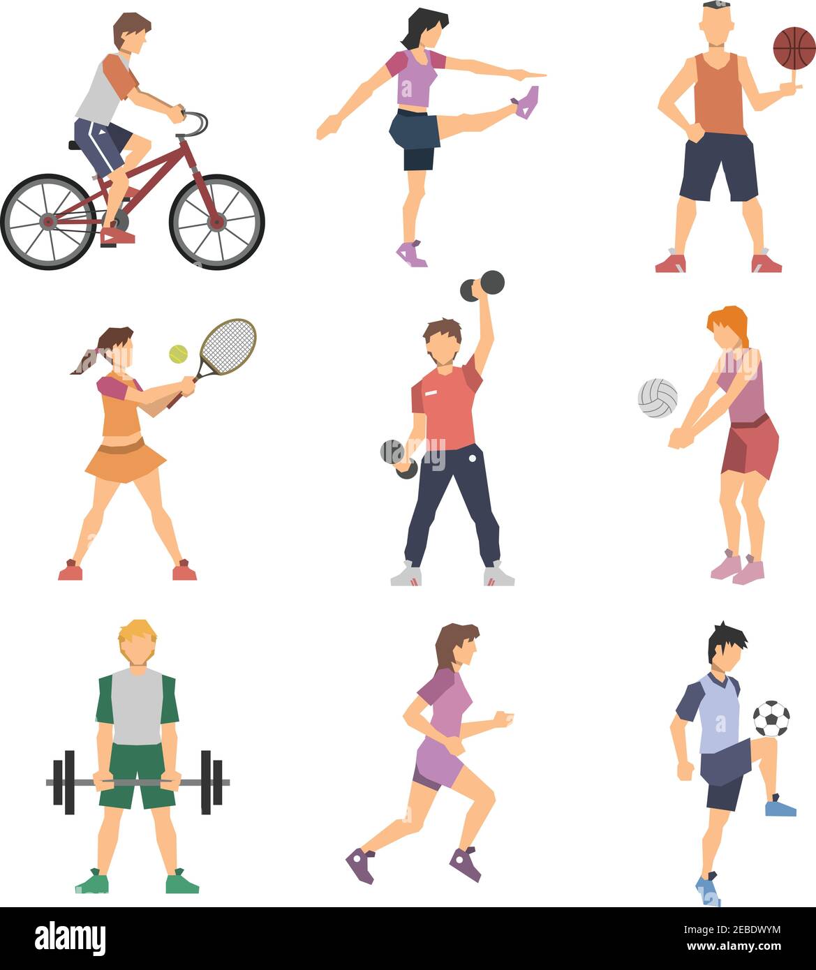 Sport people flat icons set with men and women cycling playing football ...