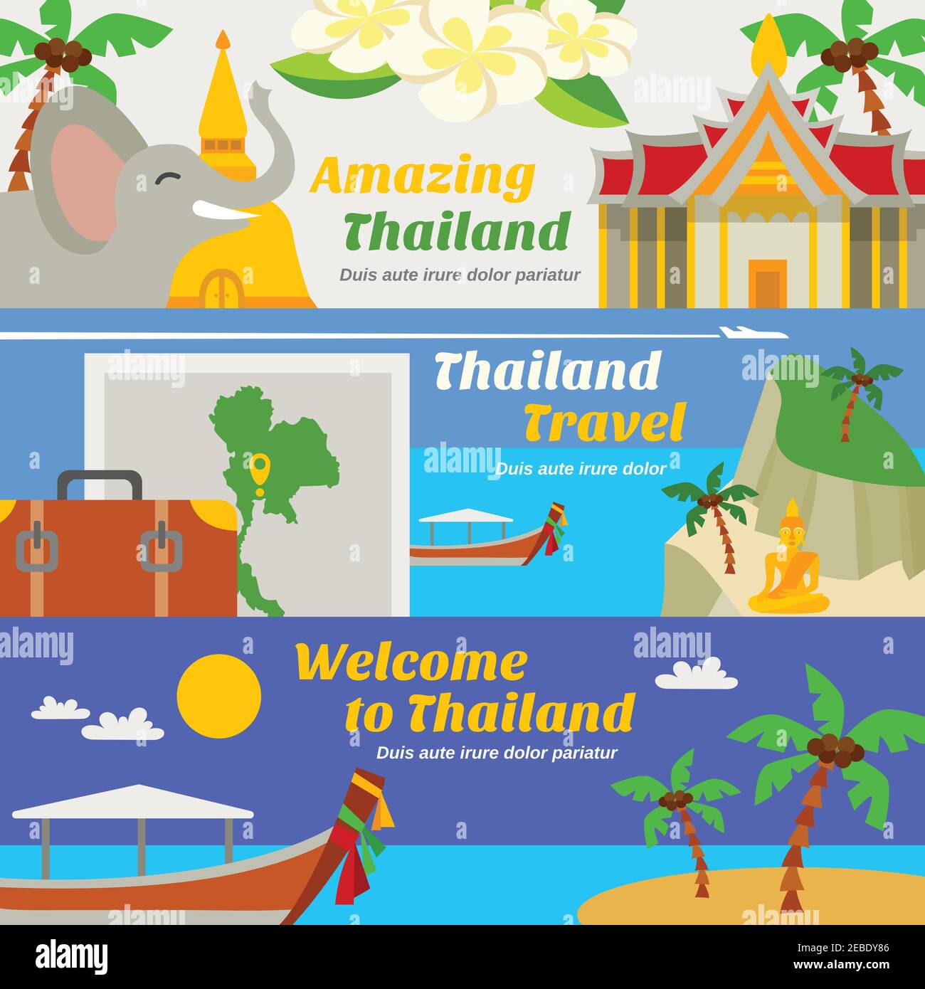 Thailand travel horizontal banners set with sights beach resorts and ...