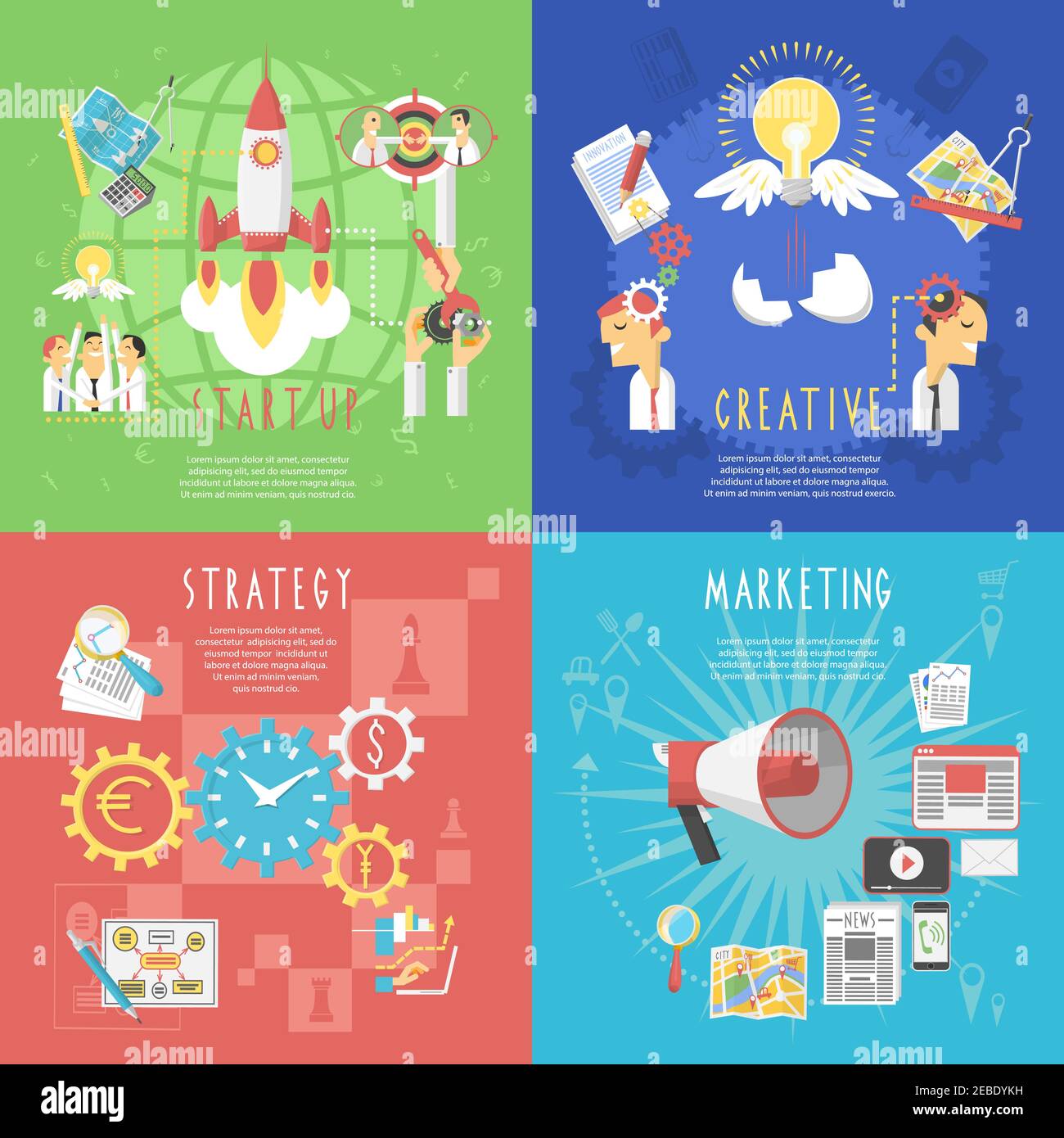 Business startup global strategy and creative marketing concept 4 flat ...